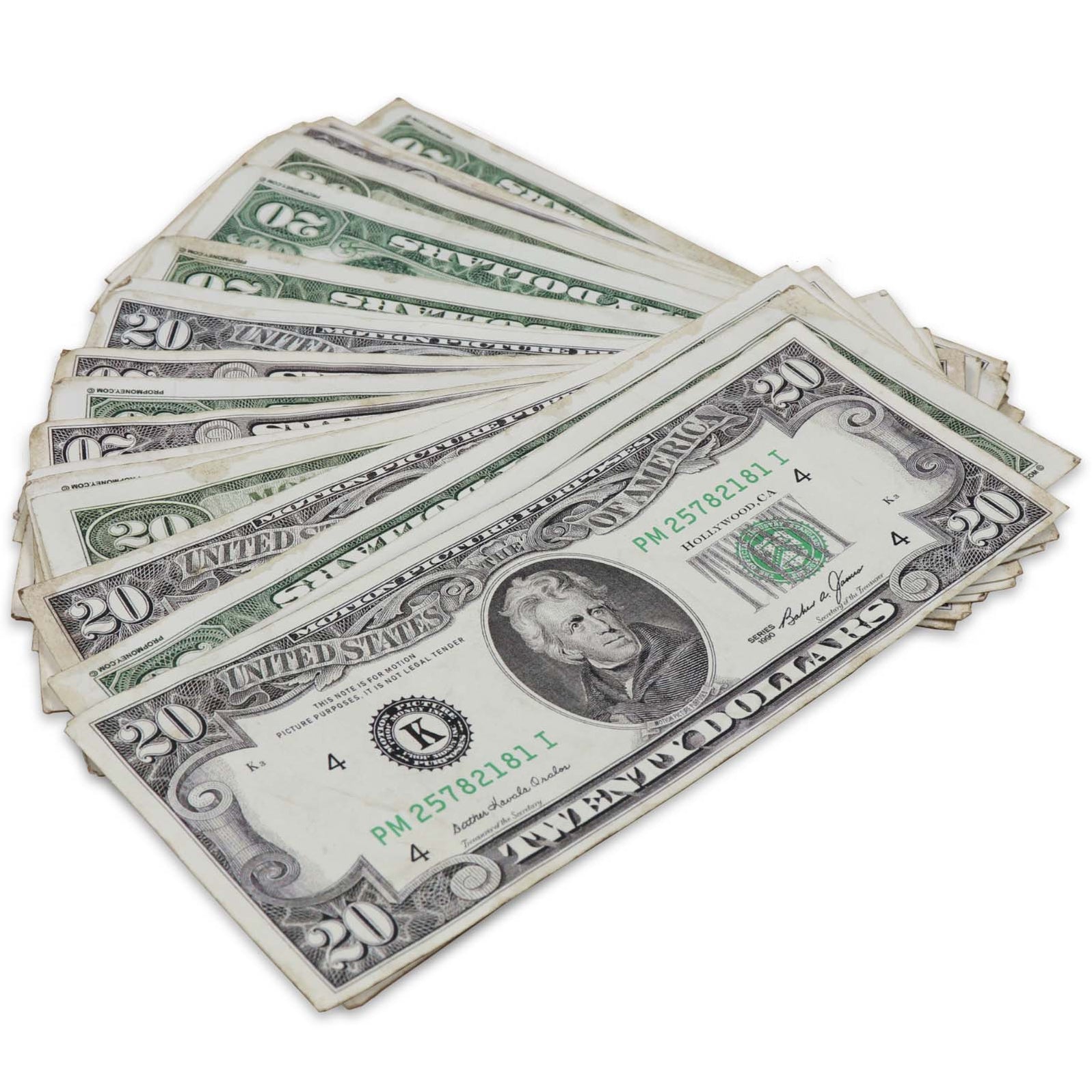 $20 Prop Money Bills - 20 Dollar Realistic Movie Prop Money Bills
