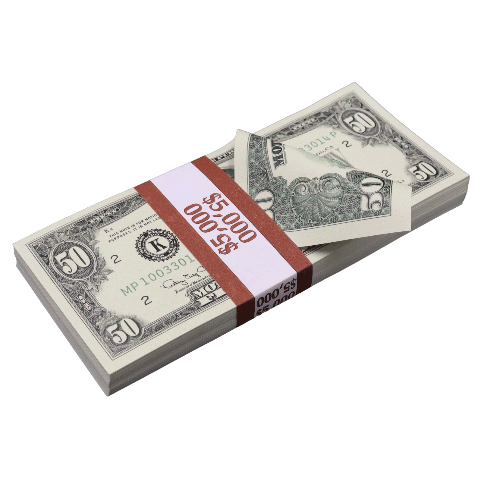 $5,000 Full Print 1990 Series in Stack - Prop Money